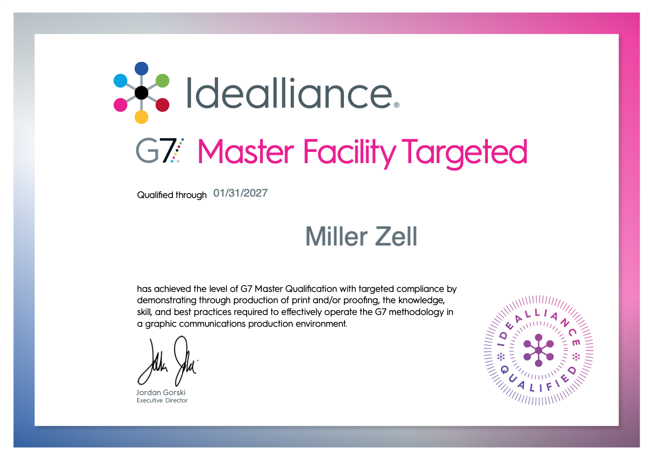 Miller Zell Again Honored as G7 Master Printer