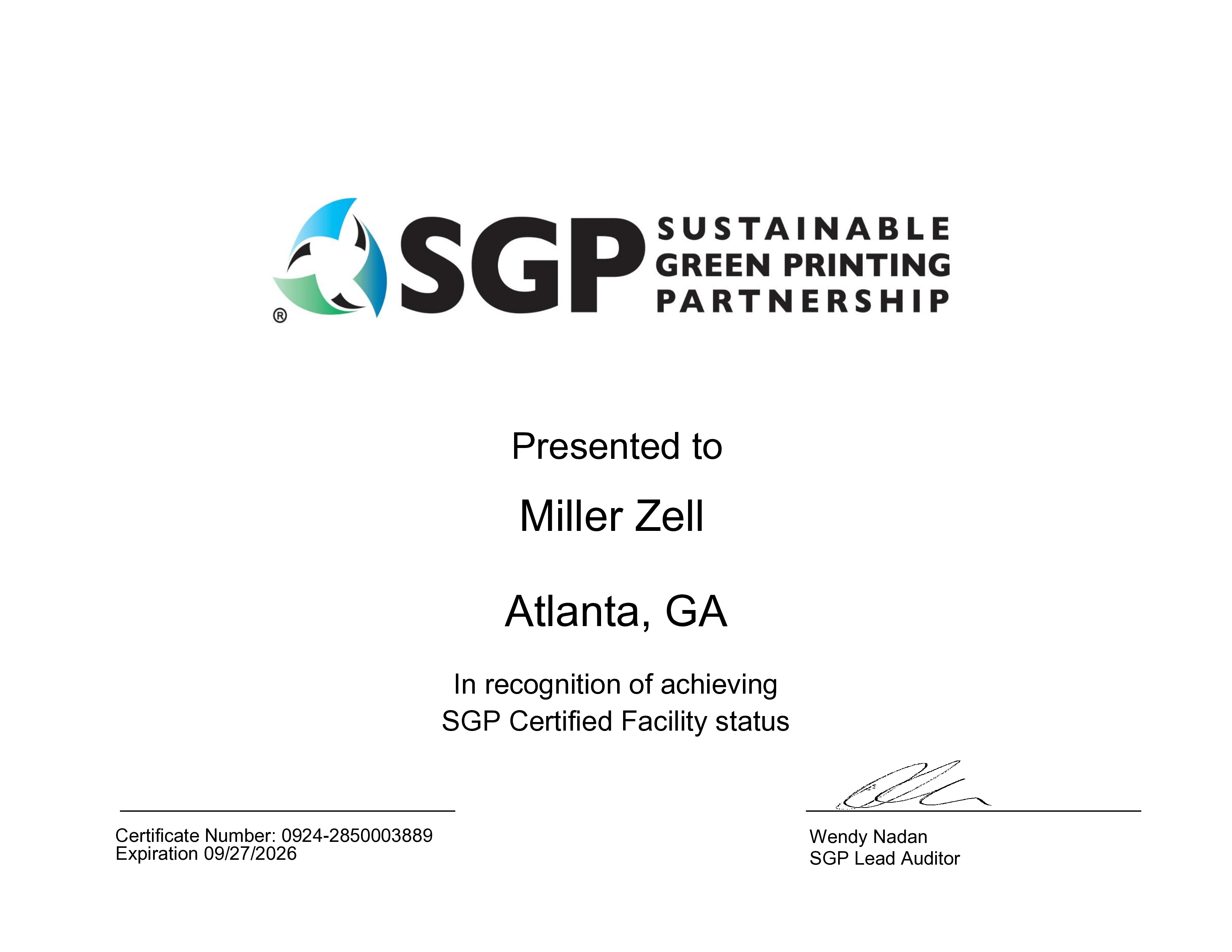 SGP Certification | Miller Zell